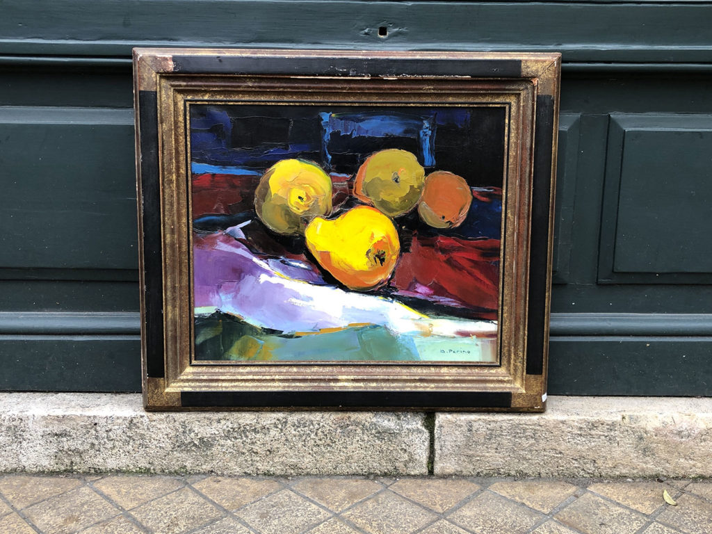 Still life untitled Pears on a red table cloth. Frame and canvas in ...