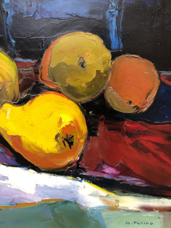 Still life untitled Pears on a red table cloth. Frame and canvas in ...